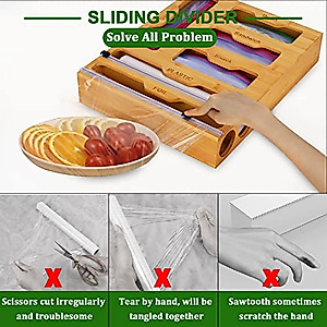 Bamboo 6 IN 1 Foil And Plastic Wrap Organizer With Ziplock Bag Storage Organizer for Kitchen Drawer, TIGARI Plastic Wrap Dispenser With Cutter, Suitable for Wrap, Foil, Gallon, Quart, Sandwich Bags