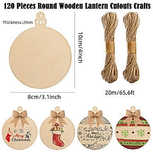 120 Pcs Wooden Christmas Ornaments Unfinished Wooden Circles with Holes Blank Round Wood Discs Slices Wooden Christmas Hanging Ornaments with Twine for DIY Crafts Present Tags Xmas Party Decor,3.1x4