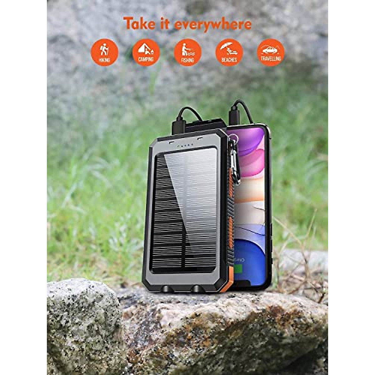 Solar Power Bank 36800mAh Portable Solar Charger 5V3.1A, QC 3.0 Dual 2 USB,LED Flashlights Port Strong LED IPX7 Flashlight,Waterproof, Dustproof, Shockproof (Orange)