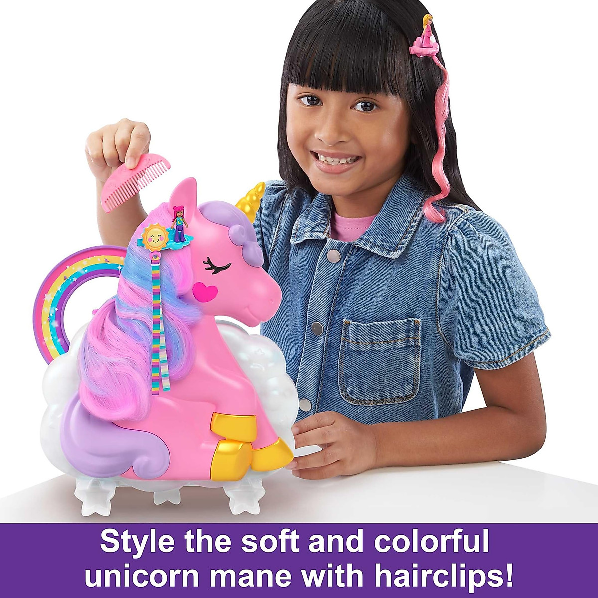 Polly Pocket 2-in-1 Travel Toy, Rainbow Unicorn Salon Styling Head with 2 Micro Dolls & 20+ Accessories