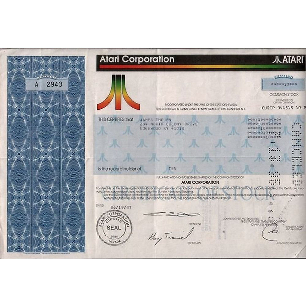1989 RARE ORIGINAL 1980's ATARI STOCK CERTIFICATE w TRAMIEL SIGNATURES! UP TO $100 ELSEWHERE! Denominations Vary XF-AU
