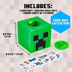 Paladone Minecraft Creeper Maze Safe, Complete The Maze to Unlock Money, Fun Minecraft Block Collectible Toy and Piggy Bank for Kids, Comes with Decorative Stickers