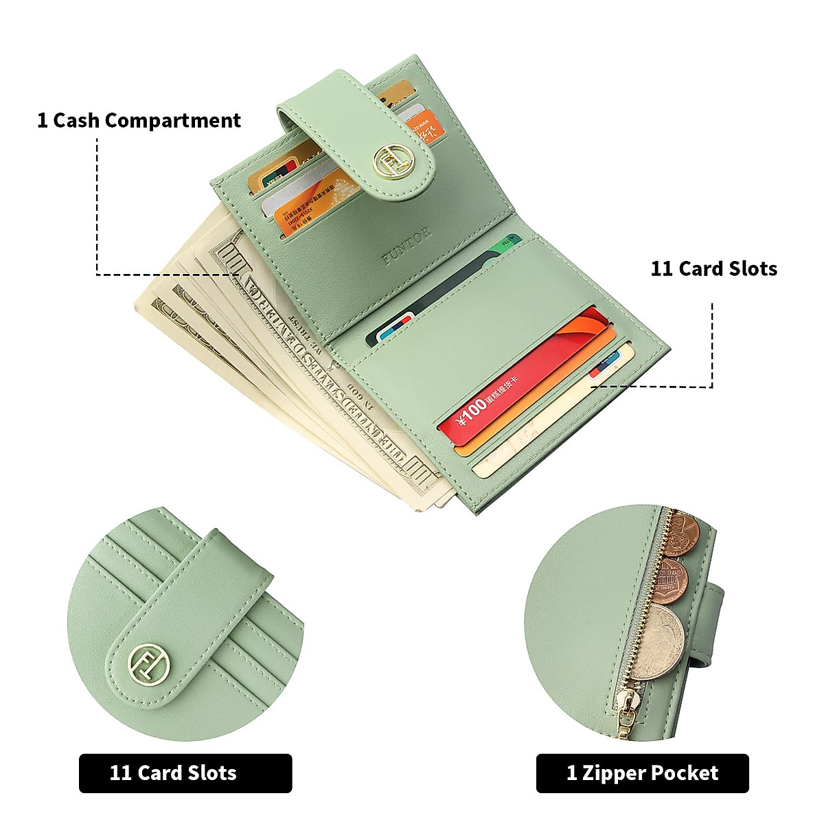 FUNTOR Small Wallets for Women,Ladies Slim Bifold Credit Card Holder with Zipper Coin Pocket(Green)
