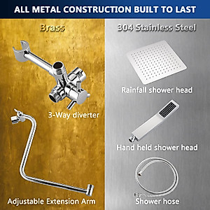 PDPBath All Metal Shower head with Handheld Combo, High Pressure 10" Rainfall Shower Head with Upgrade Adjustable Extension Arm, Shower Wand with 70" Extra Long Shower Hose, 3-Way Diverter-Chrome