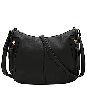 FashionPuzzle Faux Leather Two Front Zipper Pocket Crossbody Saddle Bag (Black) One Size