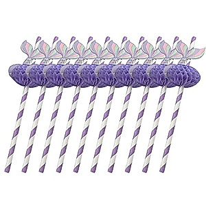 ABOOFAN Neon Straws Mermaid Paper Straws Biodegradable Striped Paper Straws Purple Honeycomb Drinking Straws 50pcs for Birthday Party Under The Sea Party Supplies Colored Straws