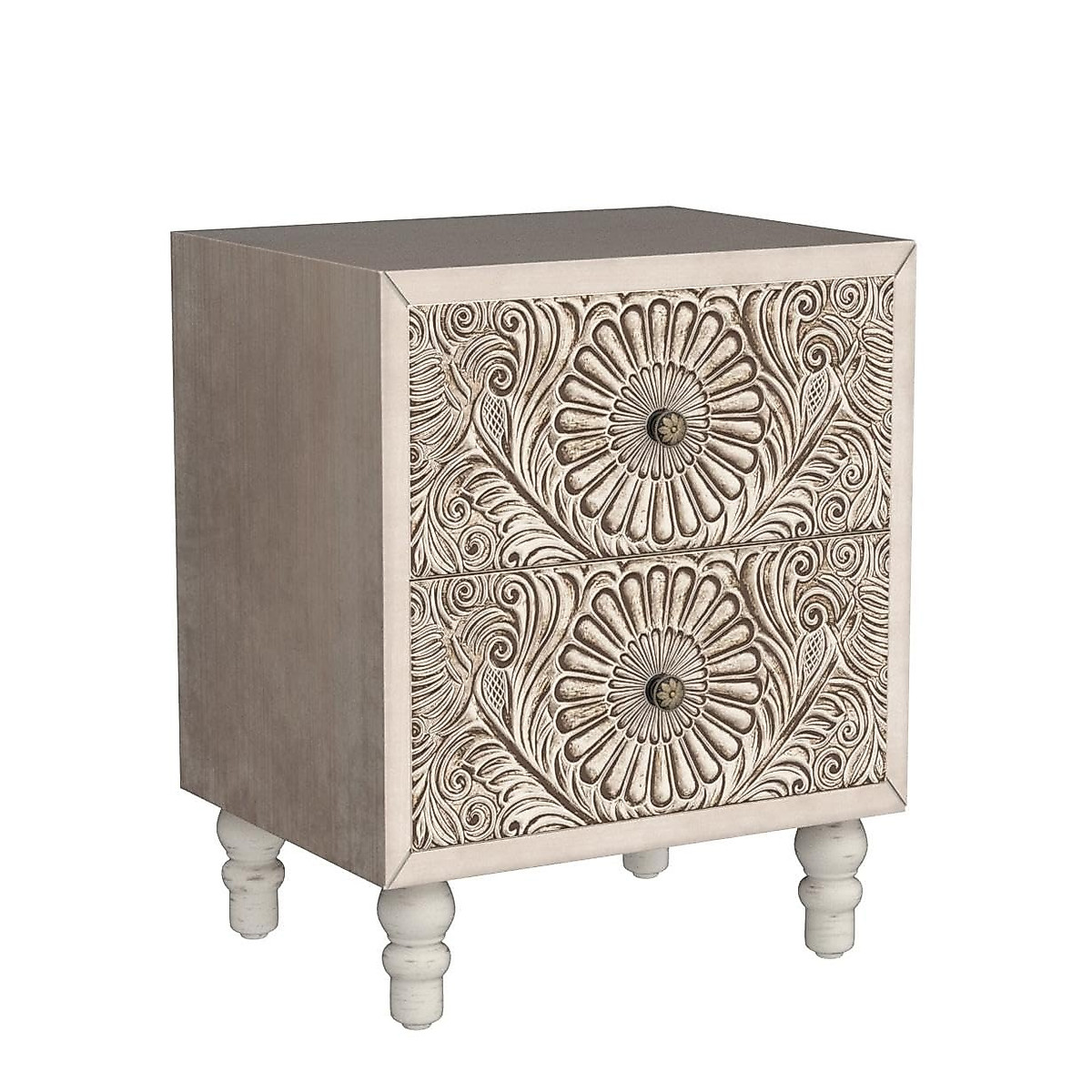 HOMPUS Nightstand, Rustic End Table with 2 Pattern Carved Drawers, Vintage Night Stand with 4 Wood Legs, Small Dresser for Bedroom, Living Room, Light Grey Grain