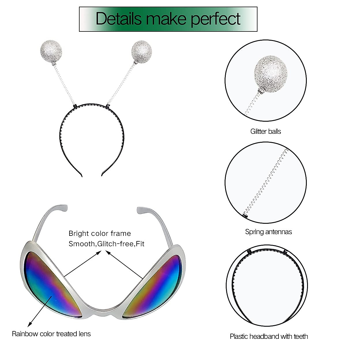 Poptrend 2 Pairs Alien Headband and Glasses, Alien Sunglasses, Glitter Green Silver Headband Boppers Antenna Headband Set, Alien Costume Party Favors Accessories for Adults and Kids (green+silver)