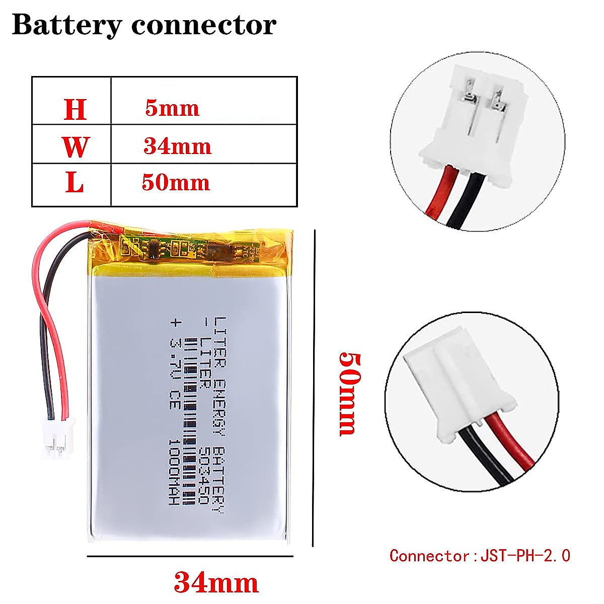 Liter energybattery 3.7V Lipo Battery 1000mAh Rechargeable Lithium ion Polymer Battery 503450 Lithium Polymer ion Battery with JST Connector