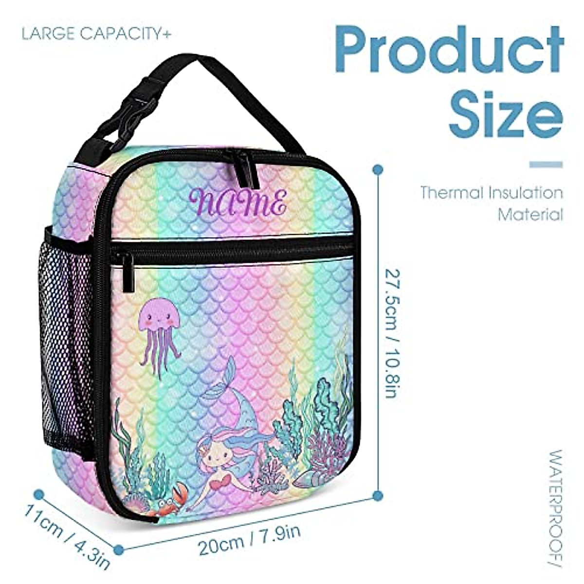 Mrokouay Mermaid Fish Scale Rainbow Custom Backpack for Boys Girls Add Your Name Personalized Backpack 3 Piece Set Customization Book Bag with Lunch Bag and Pencil Case