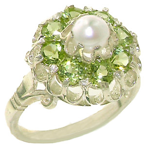 925 Sterling Silver Cultured Pearl and Peridot Womens Band Ring - Size 10