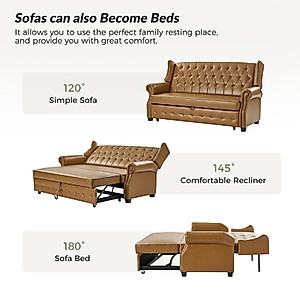 HULALA HOME 74" Leather Couch with Pull Out Bed, Convertible Sofa Bed Couch with Nailhead Arms and Tufted Back, Sleeper Loveseat Sofa for Bedroom Small Spaces, Living Room, Office, Camel