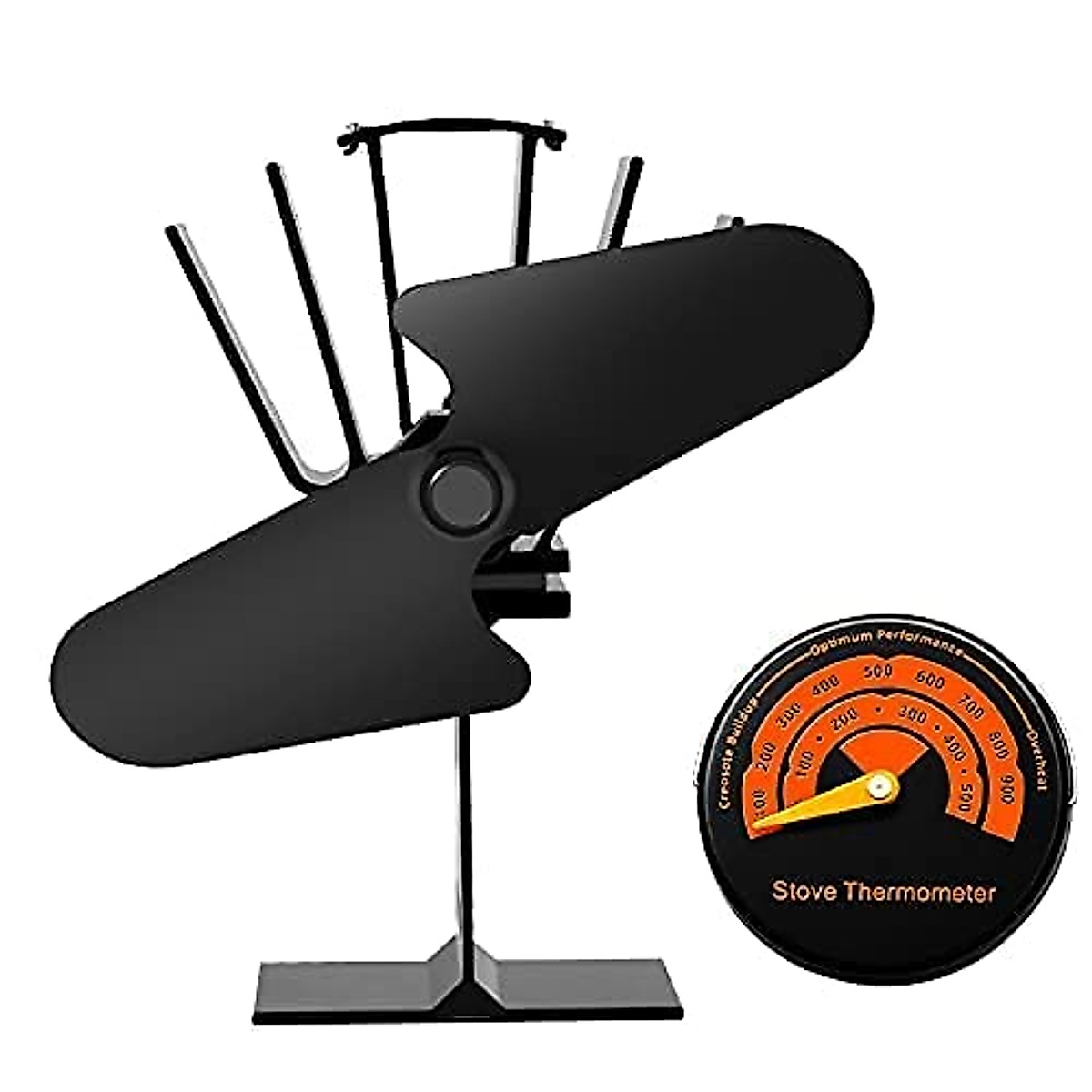 COMBIUBIU Wood Stove Fan Heat Powered 2 Blade Fireplace Fan with Magnetic Thermometer No Electricity Required,Silent Operation,Stove Fan for Gas/Pellet/Wood Burning Stove Accessories