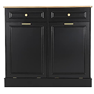 UEV Double Kitchen Trash Cabinets,Two Tilt Out Trash Cabinets with Solid Hideaway Drawers,Free Standing Wooden Kitchen Trash Can Recycling Cabinet Trash Can Holder (Black)
