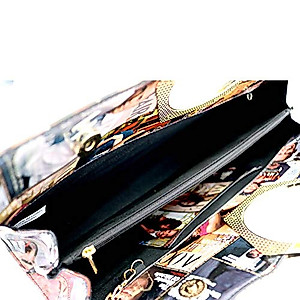 Classy Michelle Obama Magazine Cover Print Vegan Leather Patent Large Cut-out Handle Clutch Purse (Metal Handle - Vintage Black/White)