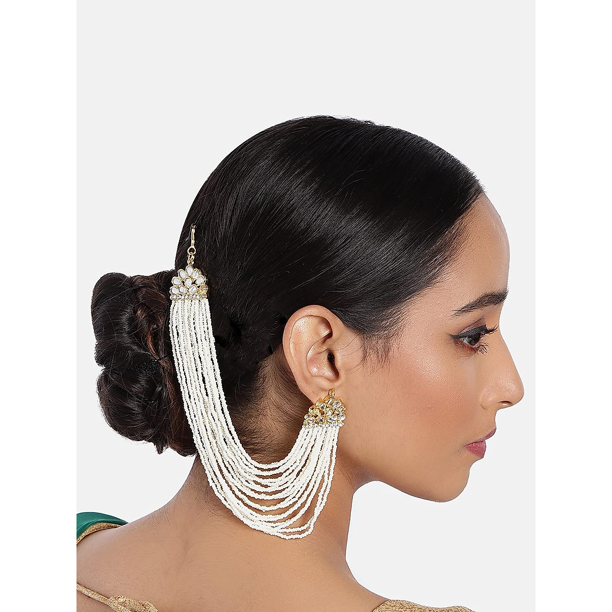 I Jewels Gold Plated Indian Wedding Bollywood Multi Strand Ear Chain With Pearl For Women (E2882W)