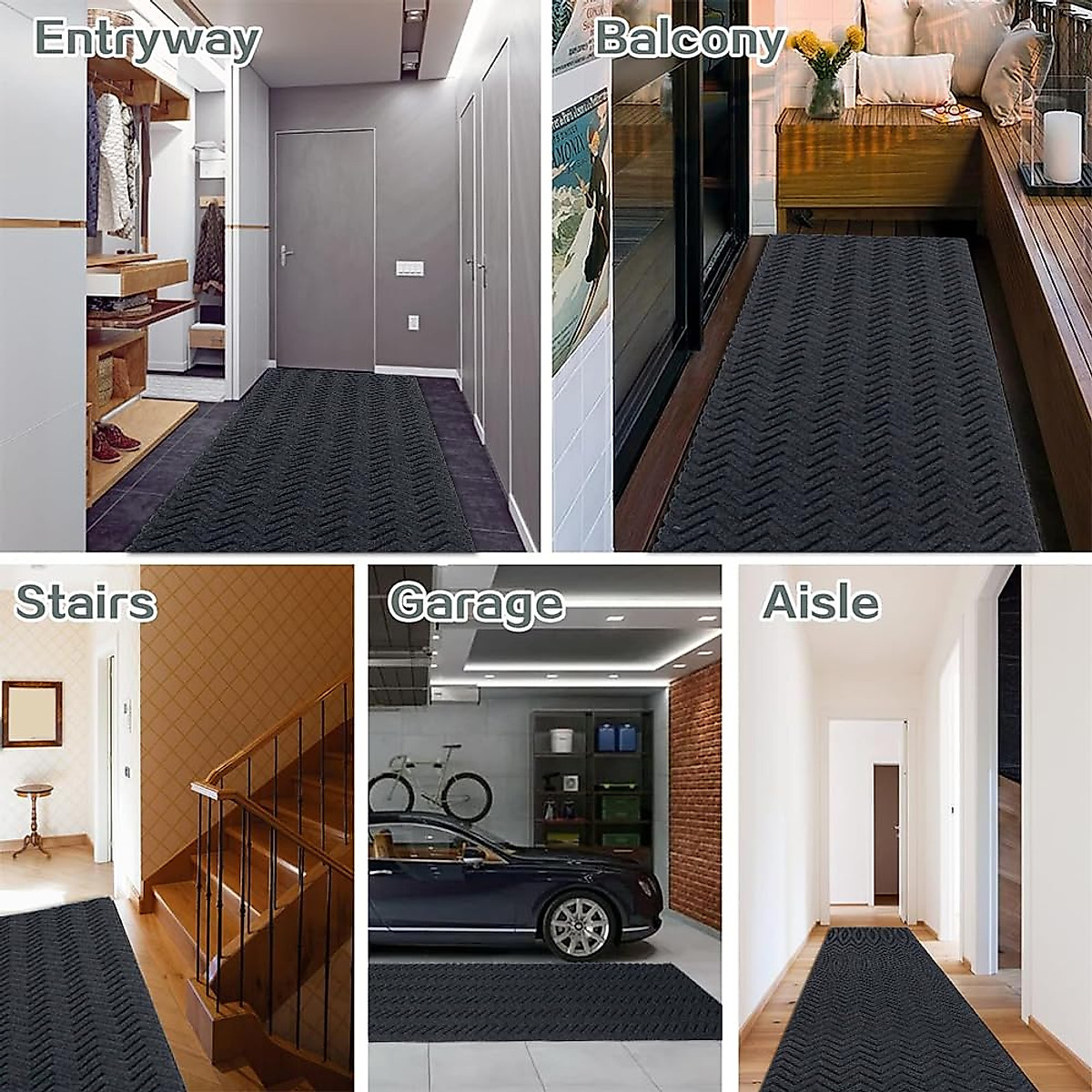 Runner Rug Carpet Runners, Indoor/Outdoor Hallway Custom Sizes Kitchen Entryway Bedroom Area Rugs with Natural Non-Slip Waterproof Rubber Backing, Garage Mat, Gray Triangle, 2' x 12'