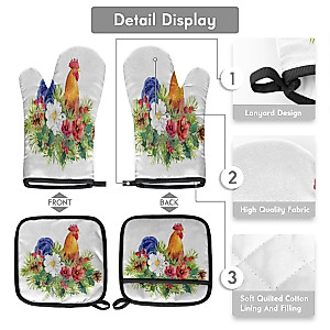 Rooster Bird Oven Mitts and Pot Holders Sets Heat Resistant Non Slip Oven Glove and Insulated Kitchen Counter Mat Suitable for Cooking Baking Grill
