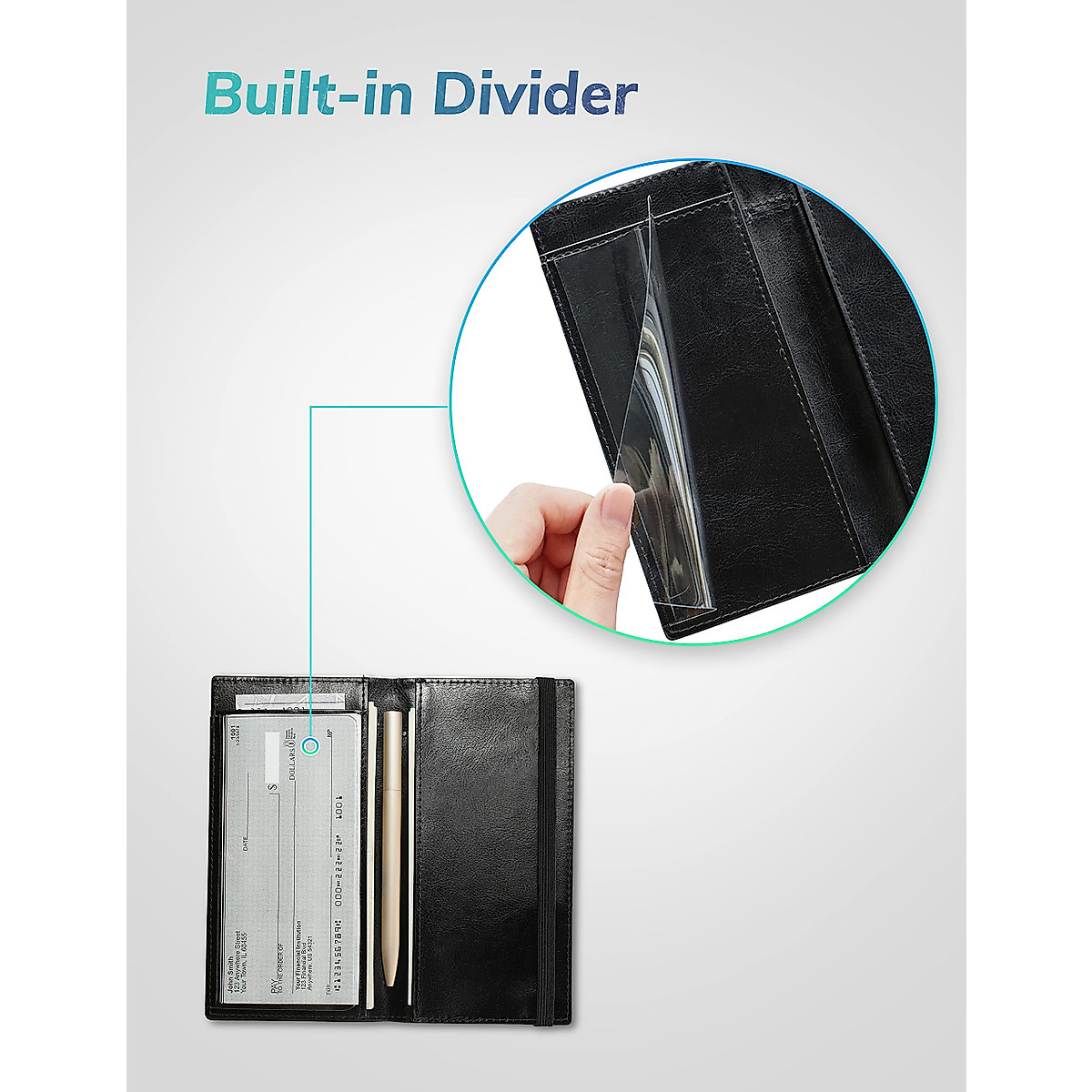 Yarnic Checkbook Cover for Personal Checkbook, Checkbook Holder with Pen Holder & Built-in Clear Plastic Divider for Duplicate Checks (Black & Rose Gold)