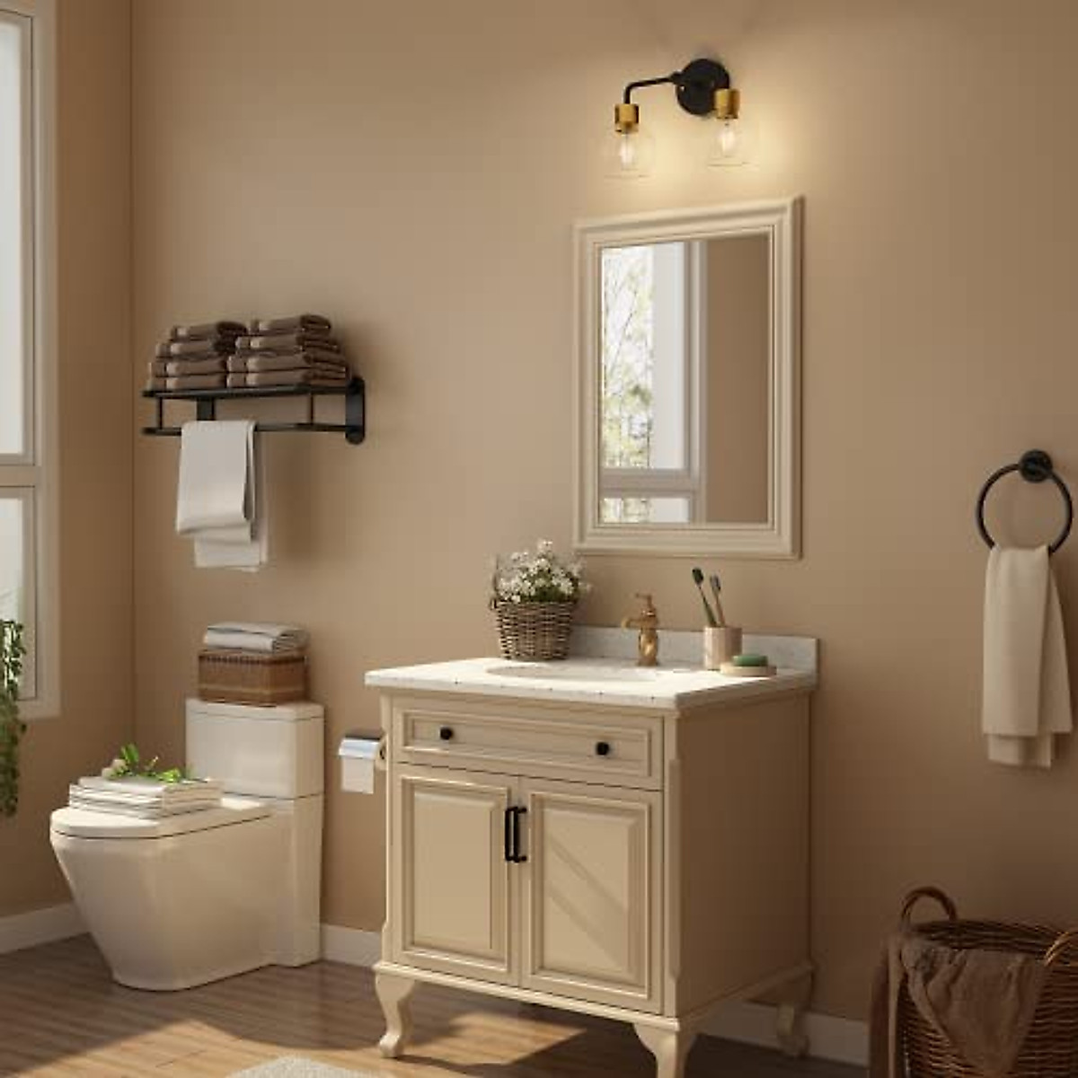 Inlight 16" Wide Black and Brushed Gold 2-Light Vanity Bath Light with Clear Seedy Glass Globe Shades, Bulb Not Included, IN-0443-2-GD