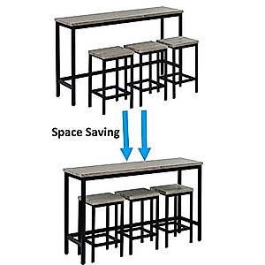 Merax 4-Piece Counter Height Extra Long Dining Table Set with 3 Stools and Side Table with Footrest Pub Kitchen Set,Grey