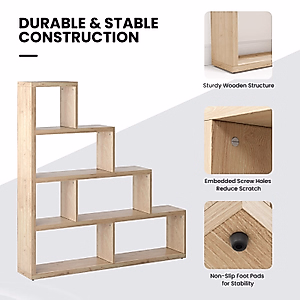 IFANNY 4 Tier Bookshelf, Step Bookcase with 6 Separate Storage Cubes, Wood Bookshelves and Bookcases, Geometric Display Shelf, Modern Book Shelf for Bedroom, Living Room, Home Office (Natural)