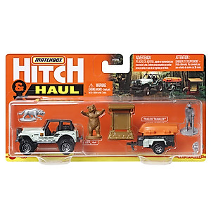Matchbox Hitch & Haul Die-cast Vehicle Playset - Boating Bear Adventure ~ 6 Piece Set ~ Car CJ7 ~ Includes Trailer Trawler with Boat, Hiker, Bear, Wolf and Trailhead Sign