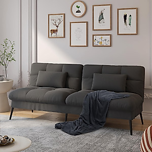 COMHOMA Convertible Sofa Bed, 68″Fabric Couch with Adjustable Backrest, Loveseat Recliner Sleeper Living Room Furniture futon set, Black