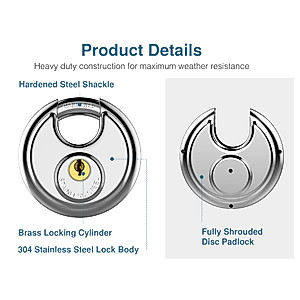 Puroma Keyed Padlock, Stainless Steel Discus Lock Heavy Duty Locks with 3 Keys, Waterproof and Rustproof Storage Lock with 3/8 Inch Shackle for Warehouse, Garage, Storage Locker, and Outdoors (1 Pack)
