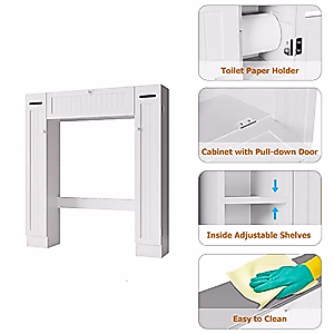 ITUSUT Over The Toilet Storage Cabinet, Freestanding Toilet Cabinet Organizer with 2 Side Doors and Pull-Down Door, Bathroom Cabinet Over Toilet with Adjustable Shelves & Paper Holder, White
