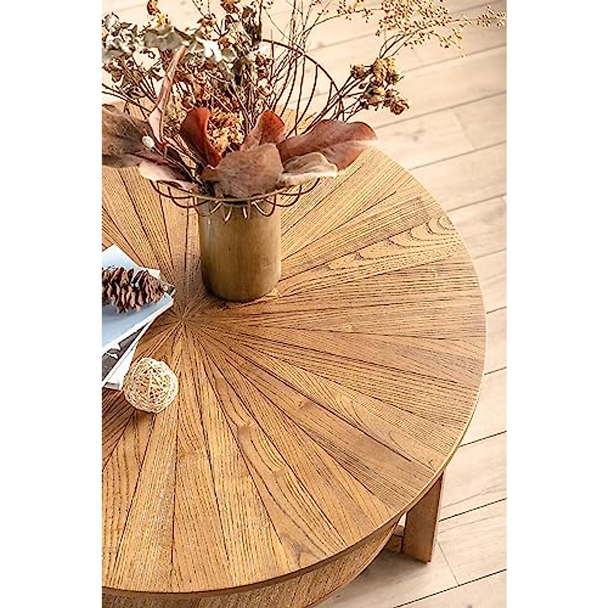 DS-HOMEPORT Round Wood Coffee Table for Living Room, 2 Tier Sturdy Circle Round Coffee Table with Large Storage, Rustic Farmhouse Round Coffee Table, 35.3''Dx17.8''H