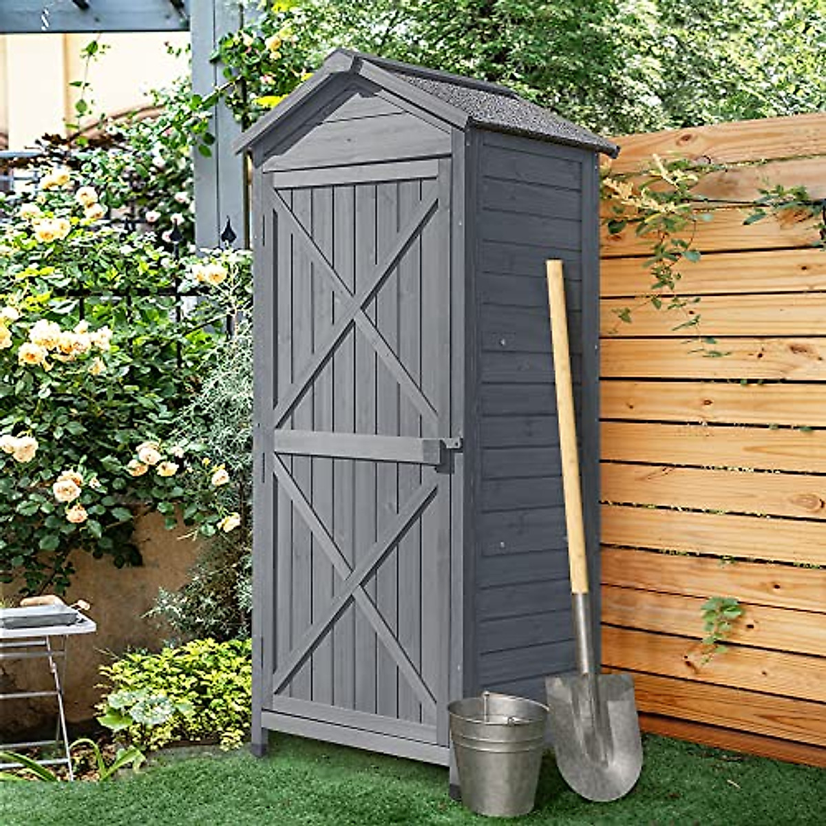 EMKK Outdoor Storage Shed,Wooden Waterproof Asphalt Roof Fir Wood Lockers for Lawn Mower,Backyard,Garden,Patio Furniture,Pool Accessories,Gray