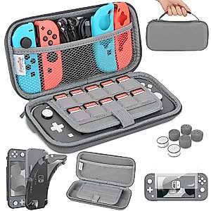HEYSTOP Compatible with Switch Lite Carrying Case, Switch Lite Case with Soft TPU Protective Case Games Card 6 Thumb Grip Caps for Nintendo Switch Lite Accessories Kit(Grey)