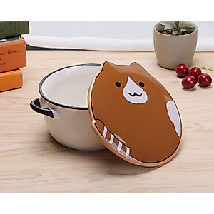 VanEnjoy Big Capacity 24oz 3D Cute Cartoon Microwave Ceramic Soup Cat Bowl Instant Noodle Bowl Cereal Bowl for Salad Fruit Vegetable with Ceramic Kitty Cat Lid and Handles (coffee)