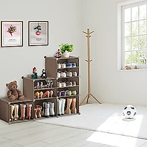 YIHATA Shoe Rack Cabinet 16 Pair Shoe Storage Cabinet with Doors for Entryway 8-Tier Plastic Shoe Shelves with Covered DIY Freestanding Shoe Tower for Closet Entryway Hallway Bedroom (Coffee)
