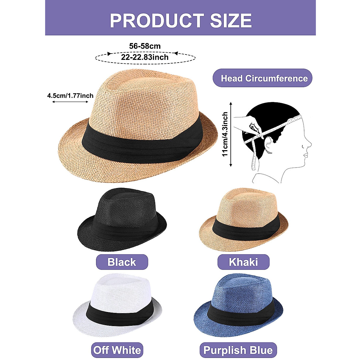 4 Pieces Straw Hats for Men Women Summer Panama Short Brim Hat with Black Band (Retro Style)