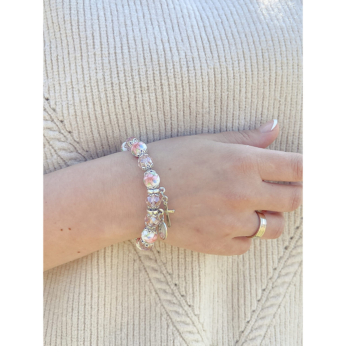 Nazareth Store Religious Cross Bracelet Pink Crystal Beaded Stretch Rosary Bracelet with Ceramic Flowers Beads Bangle Crucifix & Miraculous Medal Charm