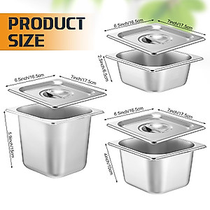 Ziliny 12 Pack Stainless Steel Hotel Pans with Lid 1/6 Size Steam Table Pan Anti Clogging Steamer Pan Restaurant Pans for Buffet Serving Commercial Catering Party, 2.5'' 4'' 6'' Deep, 6.9 x 6.5 Inch