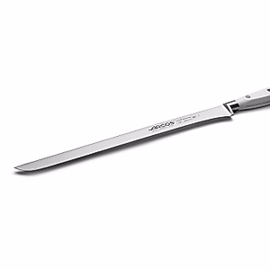 ARCOS Forged Slicing Knife / Ham Knife 12 Inch Nitrum Stainless Steel and 300 mm blade. Ergonomic Polyoxymethylene POM Handle. Series Riviera Blanc. Thin blade with a characteristic smooth edge. Color White.