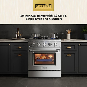 Empava Gas Range, Convection Oven 4.2 Cu. Ft with Touch Timer, 4 Deep Recessed Burners Cooktop, Heavy Duty Continuous Grates in Stainless Steel, Freestanding & Slide-in,30 Inch, 30.05 Inch