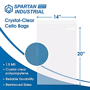 Spartan Industrial - 14" X 20" (200 Count) Crystal Clear Resealable Cello Poly Bags for Packaging, Clothing & T Shirts - Self Seal & Reinforced