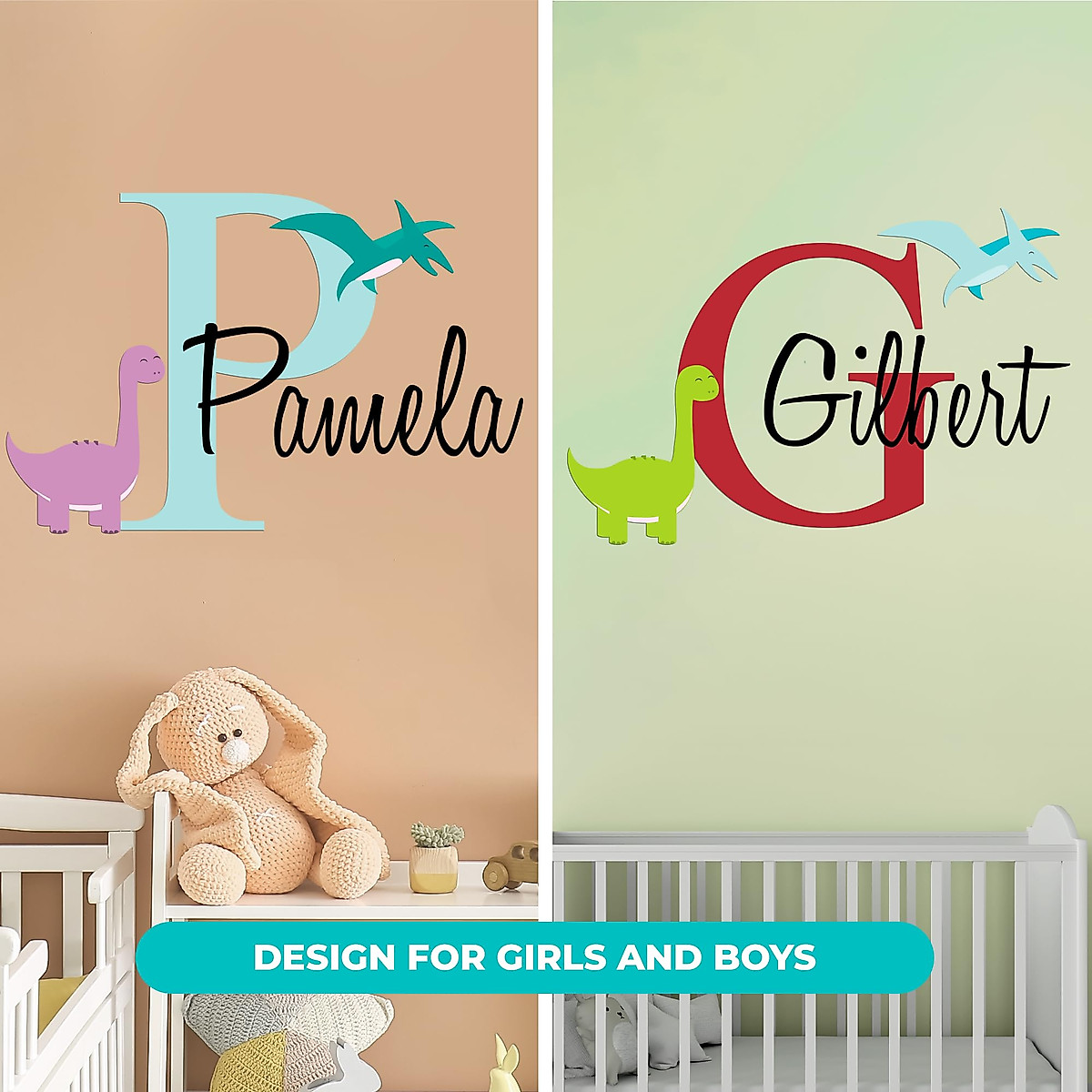 Custom Name & Initial Dinosaur Wall Decals I Personalized Dinosaur Bedroom Decor for Boys or Girls I Dinosaur Birthday Party Supplies I Nursery Wall Decal (Wide 32" x 20" Height)