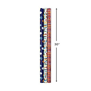Hallmark Birthday Wrapping Paper Bundle with Cut Lines on Reverse (3-Pack: 55 sq. ft. ttl.) Bright and Holographic Prints and Patterns in Red, Blue, Yellow, White and More