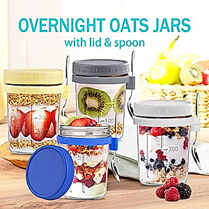 Alitake Overnight Oats Container with Lid and Spoon - 16 oz Glass Overnight Oats Jars with Measurement Mark - 4 Pcs Portable Large Capacity Airtight Mason Jars for Overnight Oats, Cereal, Milk, Fruit