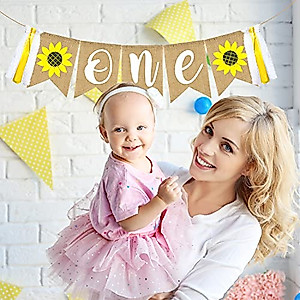 Doumeny Jute Burlap One Banner with Sunflower One HighChair Banner Boy Girl 1st/First Birthday Bunting Banner Baby Shower Party Banner Sunflower Tassel Ribbon Garland Banner for Party Photo Prop Decor