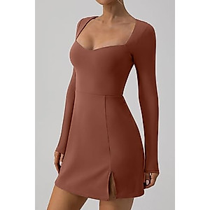 QINSEN Brown Dress for Womens Long Sleeve Sweetheart Neckline Bodycon Mini Dress for Casual L