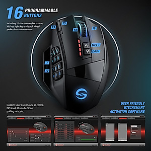 UtechSmart Venus Pro RGB Wireless MMO Gaming Mouse, 16,000 DPI Optical Sensor, 2.4 GHz Transmission Technology, Ergonomic Design, 16M Chroma RGB Lighting, 16 programmable Buttons, Up to 70 Hours