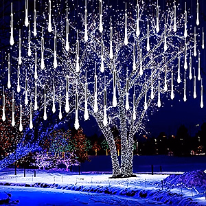Kwaiffeo Christmas Lights Outdoor, Meteor Shower Lights Falling Rain Lights 12 inch 8 Tube 192 LED Snow Falling Icicle Cascading Lights for Xmas Tree Halloween Decoration Wedding Party, UL Plug, White
