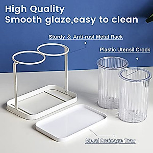 janebeauties Kitchen Utensil Holder for Countertop, Silverware Caddy with Metal Rack, Flatware Storage Cutlery Crock,Plastic 2-Cups Utensil Caddy Drying Utensil Container With Drain Tray for Party