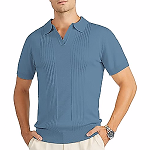 V VALANCH Vintage Shirts for Men Polo Shirt Short Sleeve Collared Knit Golf Polo Blue Shirt